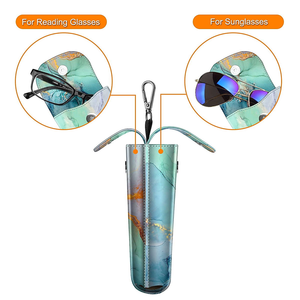 Fintie Double Glasses Case with Carabiner Hook, Portable Vegan Leather Eyeglass Case Anti-scratch Sunglasses Pouch, Emerald Marble