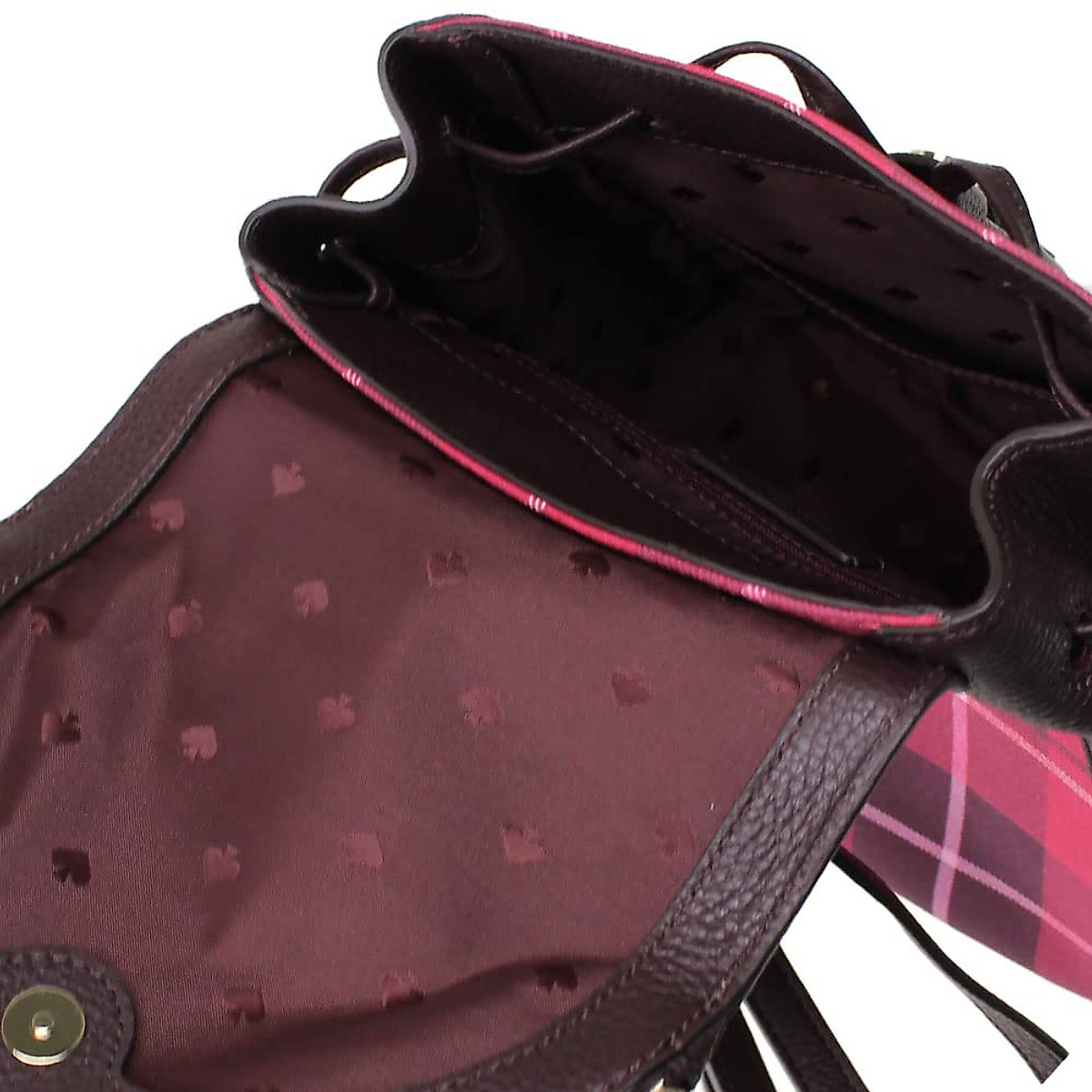 Kate Spade Leila Red Plaid Medium Flap Leather Backpack, Bright Rose Multi