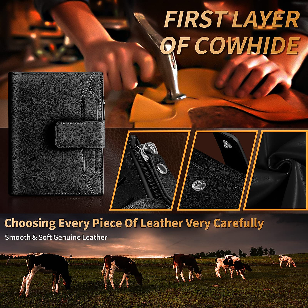 Credit Card Bifold Leather Wallet-With Front Pocket Id Window Men Women Mens Womens Ladies Woman Small Coin Pocket Rfid Blocking Black Multi Id Card Zipper Holder Wallets Female Teen Girl Coin Purse