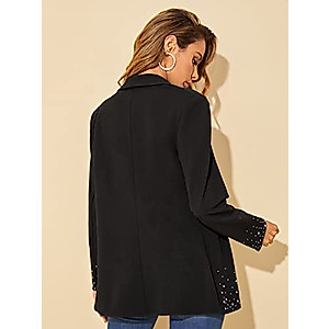 WDIRARA Women's Elegant Long Sleeve Blazer Open Front Rhinestone Suit Jackets Black M