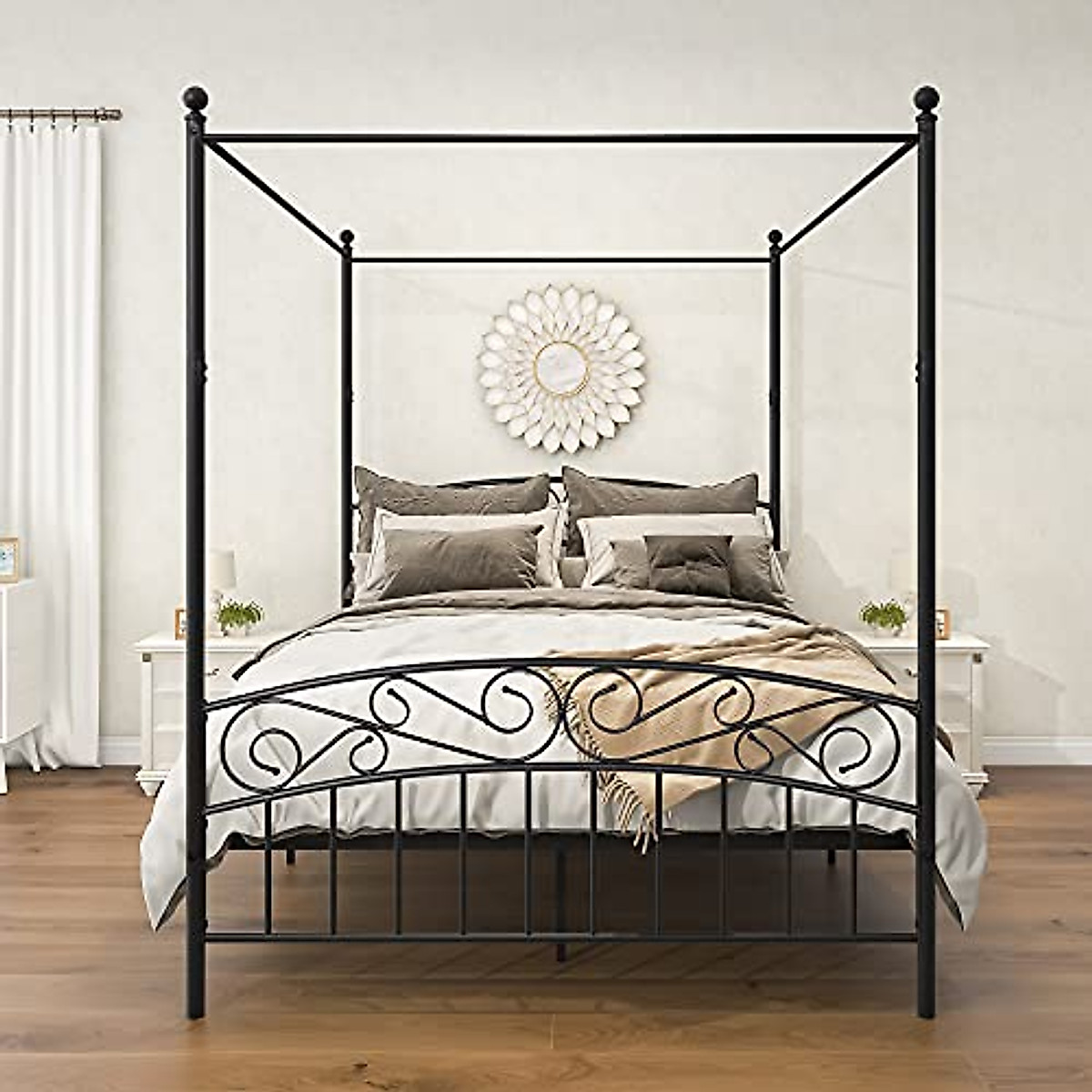 USIIN Queen Size Metal Canopy Bed Frame with Headboard and Footboard Black