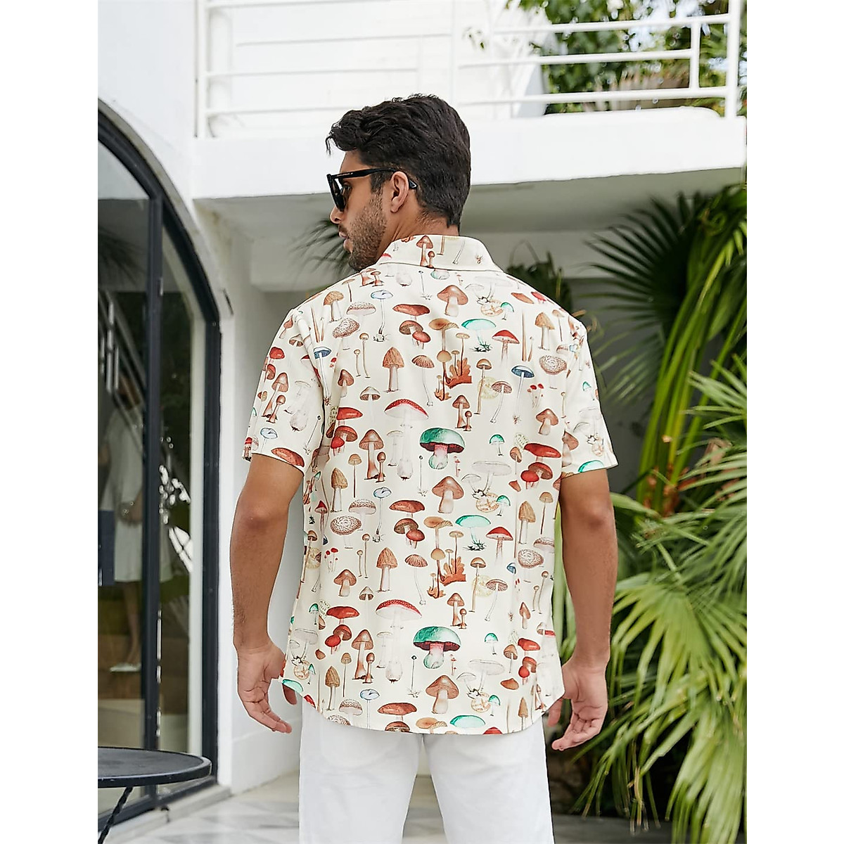 PAODIKUAI Mushroom Shirts for Men Hawaiian Short Sleeve Button Down Cute Mushroom Printed Shirt (Mushroom Yellow, Large)