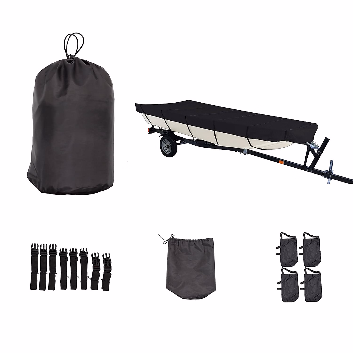 Jon Boat Cover 18 FT Waterproof Trailerable Jon Boat Upgraded Version with Additional Fixing Accessories no Water Accumulation and Windproof (Black, 18ft Long,Beam Width up to 75in)