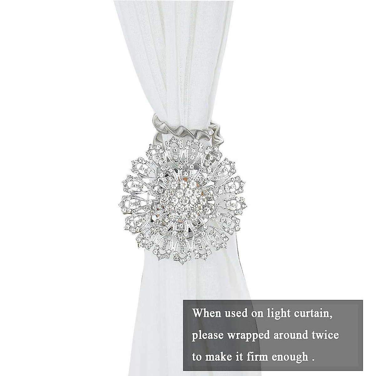 2PCS Magnetic Curtain Tiebacks European Style Sparkling Flower Window Curtain Bind Holdback Buckles Clips Tie Backs Drapery Holders with Stretchable Spring Wire Rope for Decoration,Silvery
