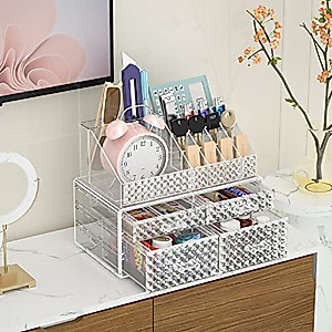 Awenia Makeup Organizer with Drawers[Upgraded]-Acrylic Make up Organizers and Storage Case for Cosmetics,Perfume,Jewelry Display, Vanity and Bathroom Accessories (Clear-4 Drawers)
