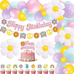 94 Packs Groovy Happy Birthday Party Kit Groovy Happy Birthday Banner Cake Topper Hippie Cupcake Toppers Daisy Mylar Balloon for 1960's 1970's Themed Groovy Birthday Party Decorations