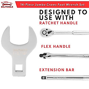 BILITOOLS 14-Piece Jumbo Crows Foot Wrench Set, 1/2" Drive Big Crowfoot Wrench, SAE, 1-1/16" - 2" mm, CR-V Steel