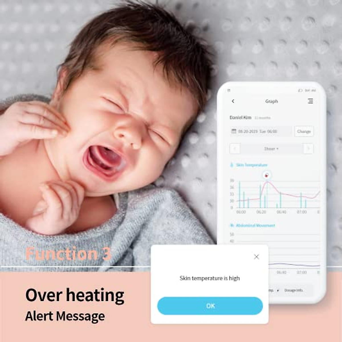 Nearbebe Care Plus(WiFi Version, 2023) - Infant, Baby Safety Monitor: Live Tracks, Alert on No Breathing, Rollover, Skin Temperature, Movement Sensor, Smartphone App, Room Temp & Humidity(SkyBlue)