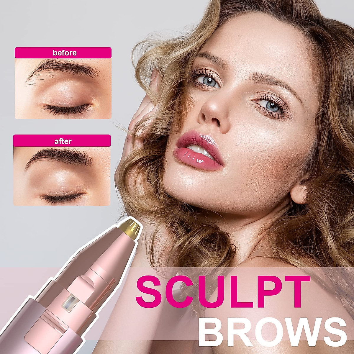 Eyebrow Razor & Facial Hair Removal for Women (2 in 1, USB Rechargeable), 100% Painless Hair Removal, Eyebrow Trimmer and Hair Remover Kit with Light for Eyebrow, Face Peach Fuzz, Lips, Body (Pink)