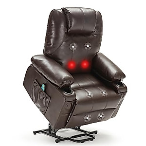 Weture Power Lift Recliner Chair with Heat and Massage for Elderly, Leather Electric Recliner Chairs with Cup Holders and USB Port, Big Oversized Recliner Chair for Seniors (Leather, Brown)