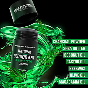 Viking Revolution Tea Tree Deodorant for Men - Natural Deodorant for Men Charcoal Deodorant Men with Shea Butter, Coconut Oil, Baking Soda, Beeswax - Mens Deodorant Aluminum Free (3oz)