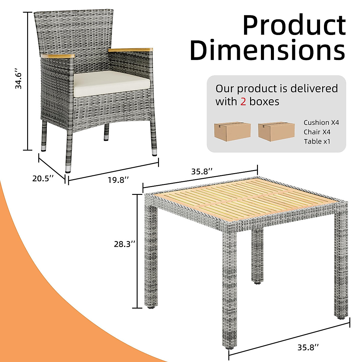 JAMFLY 5 Pieces Outdoor Patio Dining Set, Wicker Patio Furniture Set with Wood Table and 4 Chairs with Soft Cushions for Yard, Garden, Porch and Poolside (Grey)