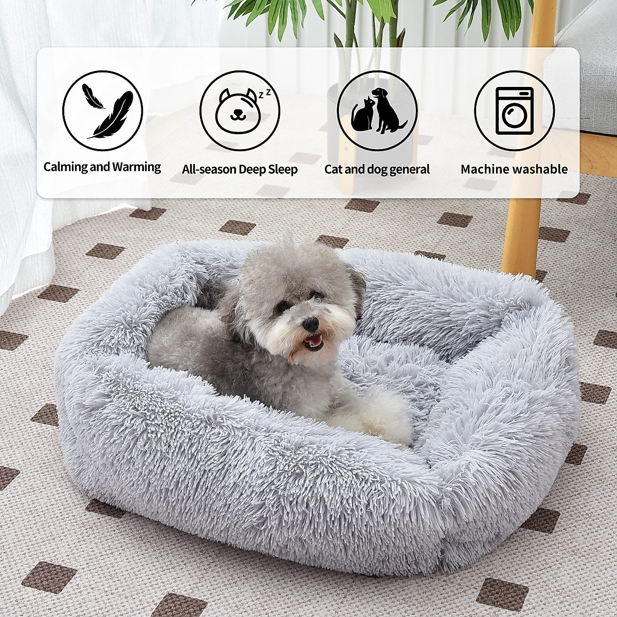 Gavenia Cat Bed for Indoor Cats,24 inch Soft Long Plush Cushion Washable Pet Bed Calming Self-Warming square Cat and Dog Bed Anti-Slip & Waterproof Bottom Cushion (24 x 20 x 7 inch, Grey)