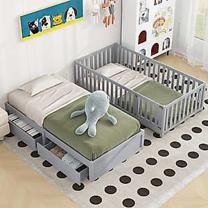 SOFTSEA Wood Daybed Twin Size with Fence Guardrail and Storage Drawers, Split Into Independent Floor Bed and Daybed for Boys Girls, Kids Platofrm Daybed Frame, Gray