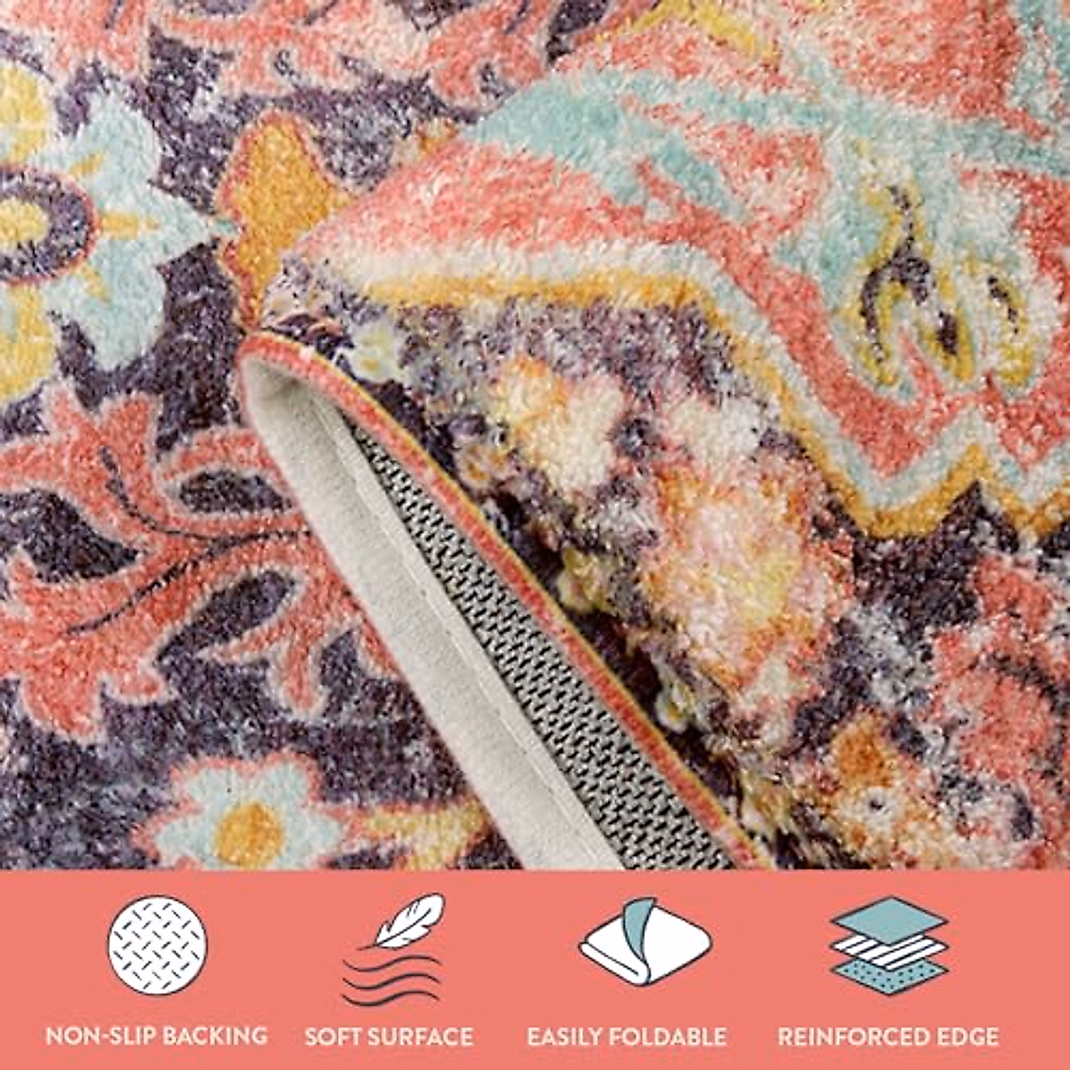 Lahome 5x7 Boho Living Room Rug Colorful Bedroom Rug, Large Bohemian Nursery Rug, Hot Pink Non-Slip Machine Washable Soft Playroom Mat Indoor Floor Accent Carpet for Dining Table Mud Room