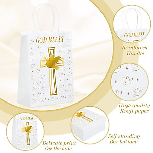 PerKoop 36 Pack First Communion Gift Bags for Boys and Girls Small Religious Party Favor Bags Paper Baptism Candy Bags for Baby Shower Christenings Weddings Confirmations, 8.66 x 6.3 x 3.15 Inch