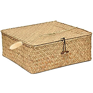 TICYACK Straw Storages Baskets With Lid, Hand-Woven of Seagrass Square Storage Bins, for Desktop Home Decoration (S/M/L)