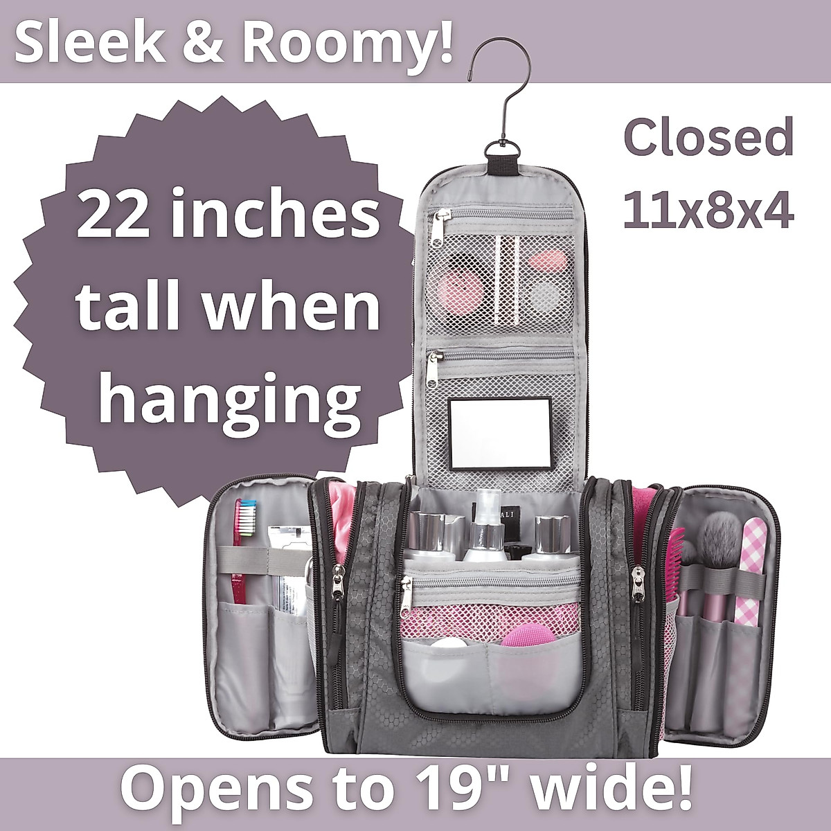 BORSALI Travel Hanging Toiletry Bag for Women with Travel Bottles and TSA Approved Clear Cosmetic, 3-1-1 Liquids Bag, Complete Toiletry Set Includes Portable Mirror, Storage Bag and Gift Box