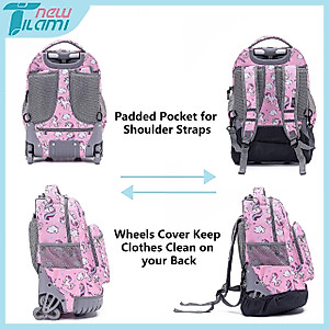 NEW TILAMI Unicorn Rolling Backpack for Kids, 18 Inches Adjustable Laptop Backpack with Wheels for Girls to School Travel Camping Boys Rolling Backpack