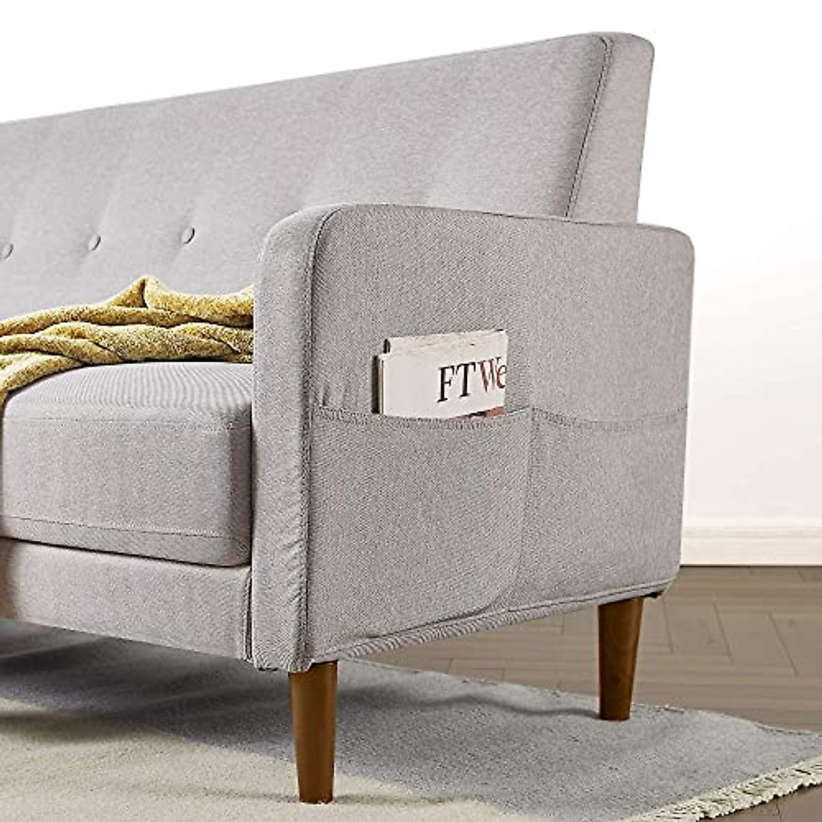Mellow Adair Mid-Century Modern Loveseat/Sofa/Couch with Armrest Pockets, Light Grey