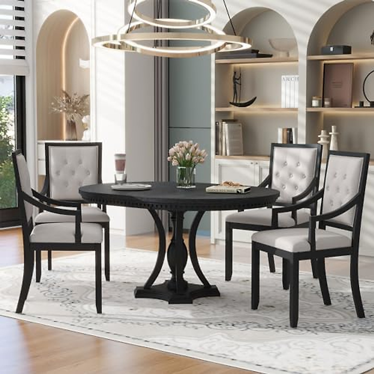 Mystiqueserenity 5 Piece Dining Table Set,Classic Extendable Dinner Set,with Round Table and 4 Upholstered Chairs,for Dining Room,Kitchen(Black Oak)