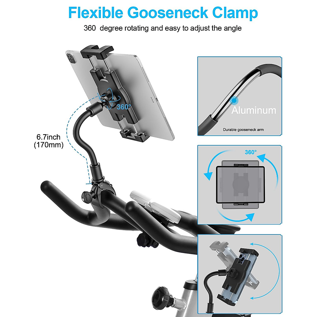 woleyi Gooseneck Spin Bike Tablet Mount, Elliptical Treadmill Tablet Holder, Indoor Peloton Stationary Exercise Bicycle Tablet Clamp for iPad Pro 12.9/Air/Mini, Galaxy Tabs, 4-13" CellPhone or Tablets
