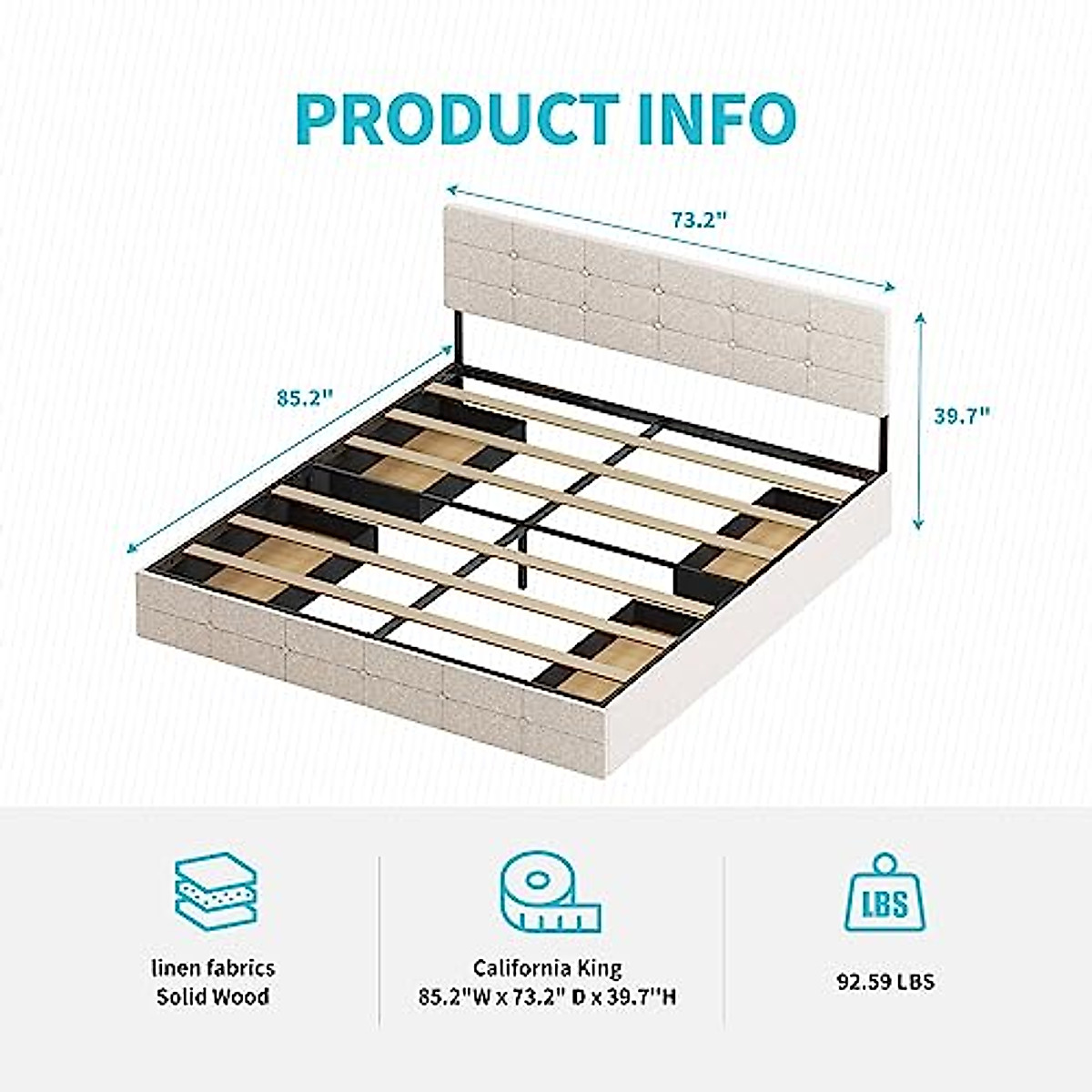 CECER California King Size Bed Frame with 4 Storage Drawers, Linen Platform Bed Frame with Upholstered and Button Tufted Headboard, No Box Spring Needed Bed Frame with Adjutable Headboard-Beige