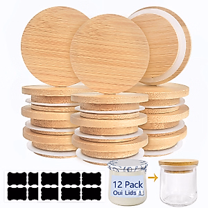 Oui jar lids 12Pack oui yogurt jar lids - Natural Bamboo Wood oui lids with Silicone Sealing Rings for Yoplait Yogurt Container, lids for oui yogurt jars with repeat writing label
