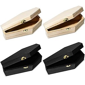 Thyle 4 Pack Unfinished Halloween Coffin Boxes Wood Coffin Shaped Boxes with Hinged Lids for DIY Crafts Wooden Coffin Boxes for Treats Favors Decoration Jewelry Casket Coffin (Black Burlywood,7 Inch)