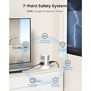 TROND Surge Protector Power Strip Tower, 14 Widely Spaced Outlets 4 USB Chargers, 6ft Extension Cord with Multiple Outlets, Flat Plug, 2100J, Overload Protection for Home Office Desk, Dorm Essentials