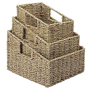 LOVSTORAGE Seagrass Wicker Storage Baskets, Hand-Woven Shelf Baskets with Handles, Nesting Wicker Basket Sets Woven Storage Baskets for Shelves, 3-Pack
