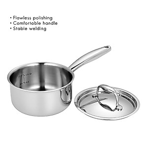 Fortune Candy 1.6-Quart Saucepan with Lid, Tri-Ply, 18/10 Stainless Steel, Comfortable Grip & Advanced Welding Technology, Dishwasher Safe, Induction Ready, Mirror Finish, Silver