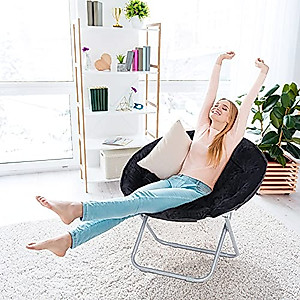 ZenStyle Set of 2 Faux Fur Saucer Chairs, Folding Chair Soft Lounge Chair, Portable Moon Chair for Bedroom, Dorm Rooms, Apartments, Lounging, Garden and Courtyard, Black