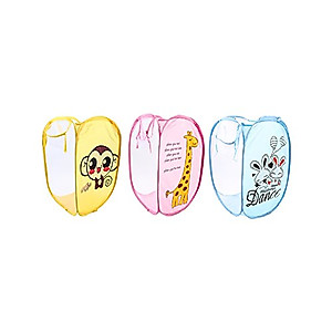 vanki Deluxe Mesh Pop-Up Laundry Hamper with Side Pocket and Handles,Cartoon Theme- Giraffe/Monkey/Rabbit 3pcs