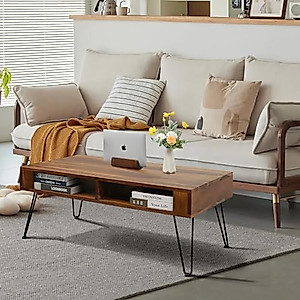 Danrelax 39.4 Inches Coffee Table, Mid Century Modern Coffee Table with Storage Space, Natural Wood Coffee Table with 4 Hairpin Legs, 39.4" Lx24 Wx18 H, Vintage Brown