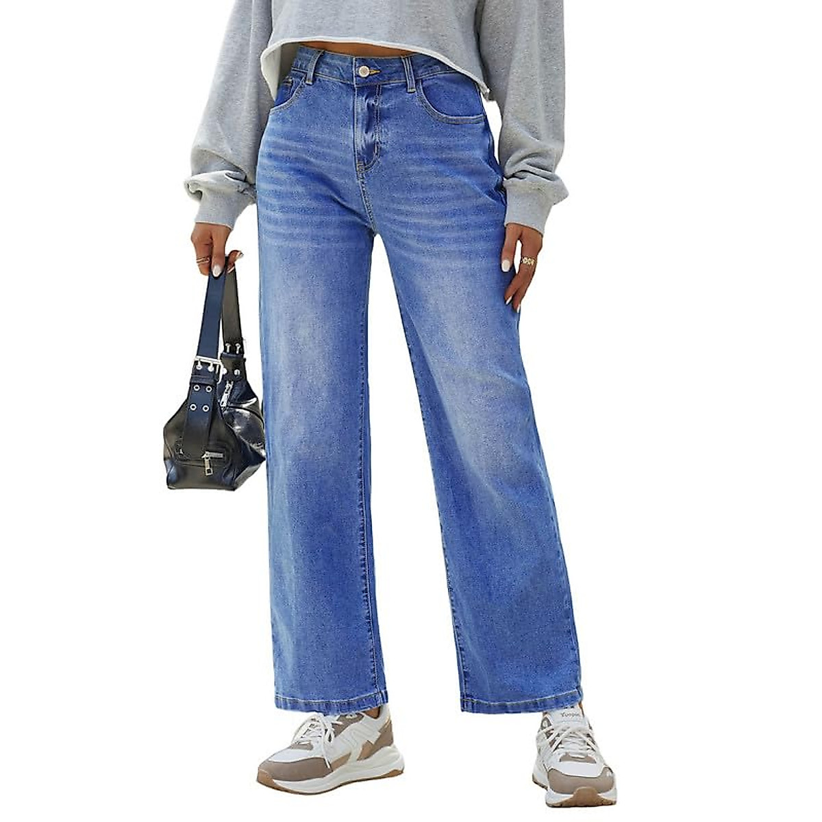 Dokotoo Womens Loose Casual High Waisted Baggy Jeans Stretch Boyfriend Straight Leg Denim Long Pants for Women Girls Sky Blue Size 10