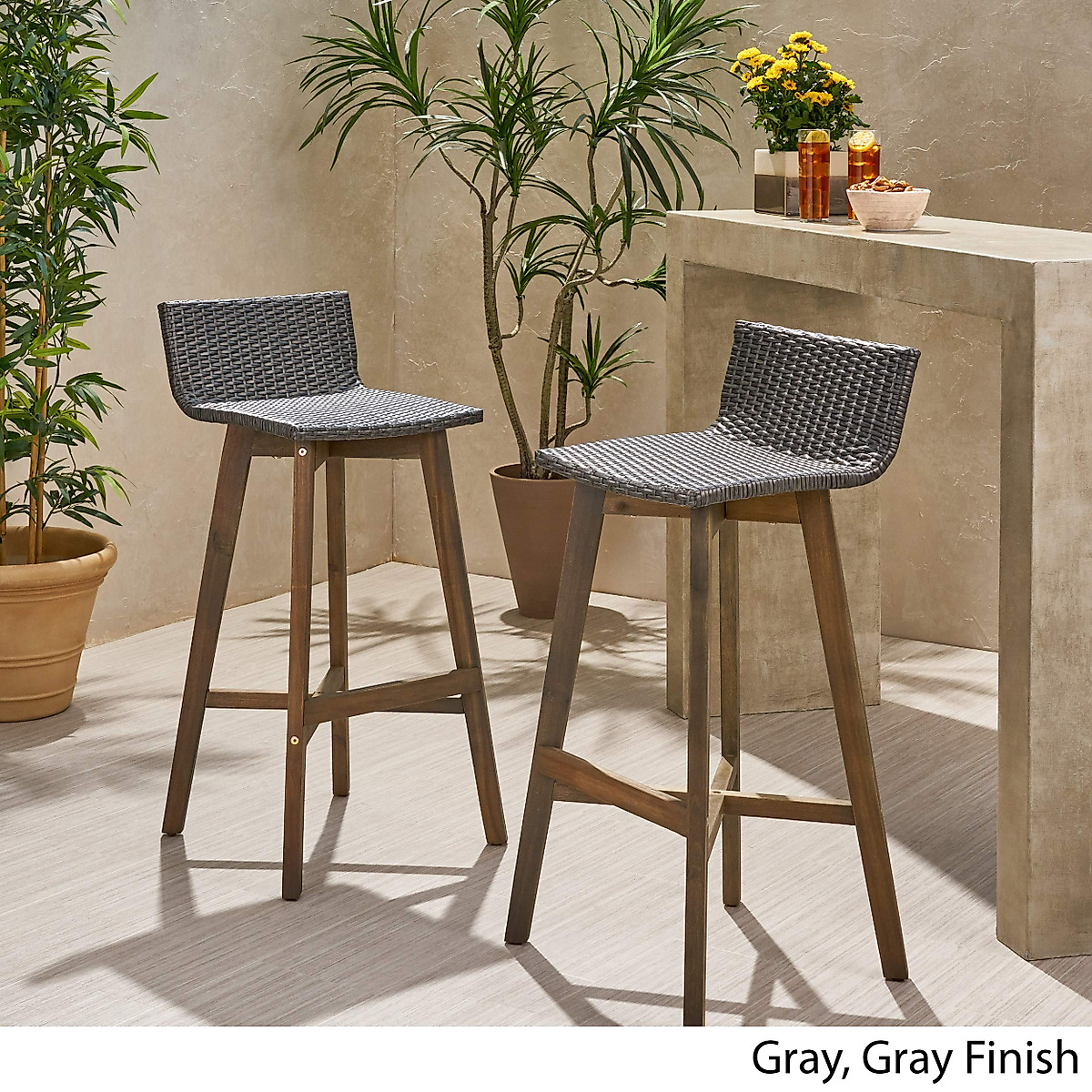 GDFStudio Outdoor Acacia Wood & Wicker Barstools (Set of 2), Gray