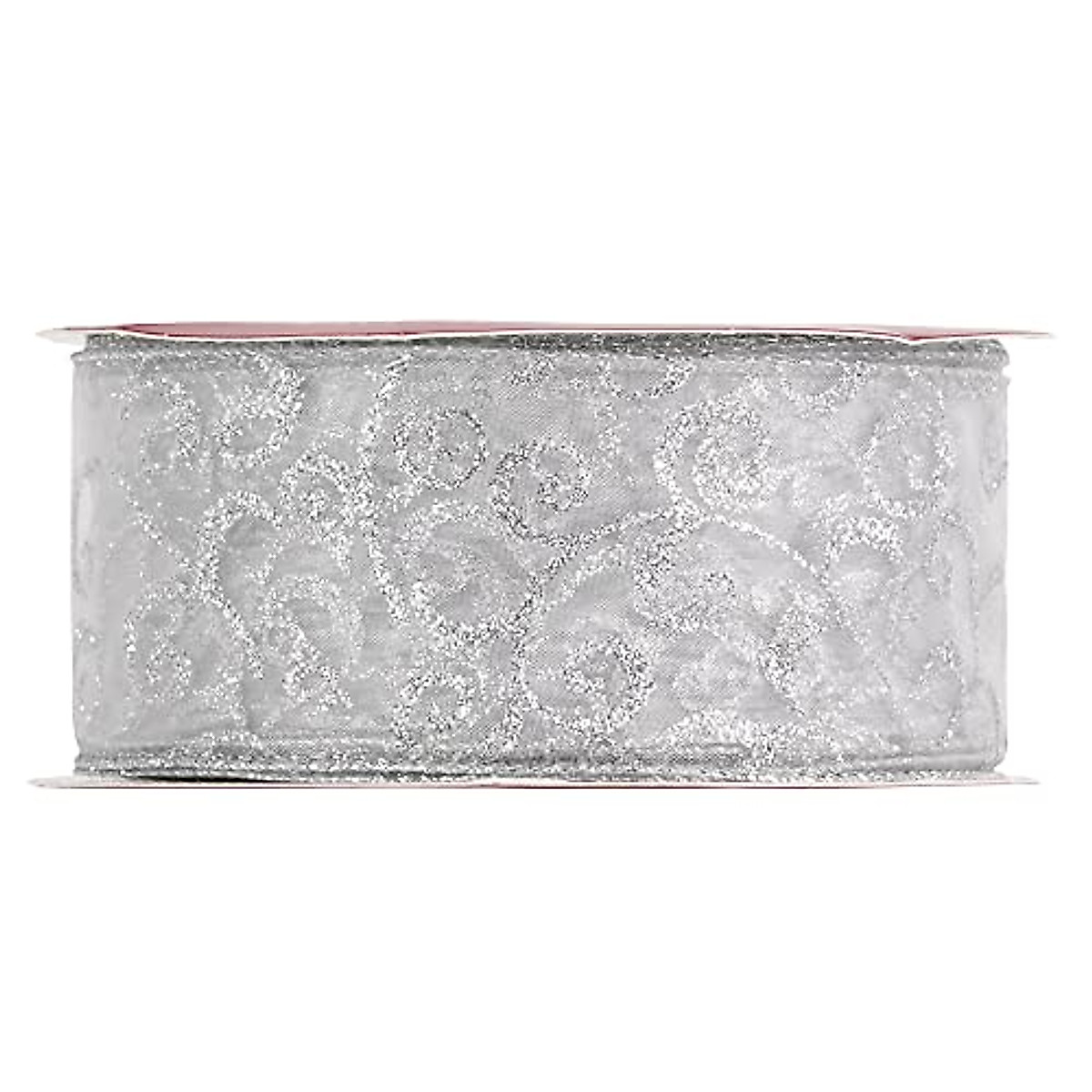 AIMUDI Silver Sheer Organza Christmas Ribbon, 2.5 Inch x 50 Yards, Swirl Pattern, Wired Edge, Perfect for Wreaths, Trees, Gifts, Weddings