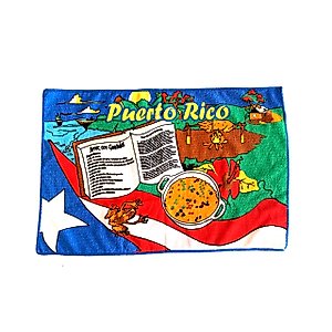 Rubio Puerto Rico Kitchen Towel with Typical Images of Flag, Coquí, Lechon a la Varita, Amapola Flower, Flamboyan Tree and Arroz con Gandules