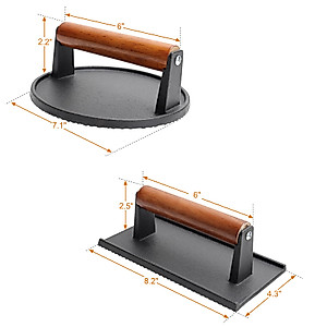 BBQ Future Round Burger Press and Rectangle Cast Iron Grill Press for Blackstone, Weber, Ninja, Royal Gourmet, Pit Boss Grills etc, Wood Handle Smash Steak Meat Weight Griddle Press (7.1" & 8.3x4.3)