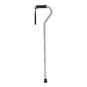 Drive Medical RTL10372FL Adjustable Height Offset Handle Cane with Gel Hand Grip, Floral, Aluminum Tubing, Wrist Strap, 1-Button Height Adjustment with Locking Ring