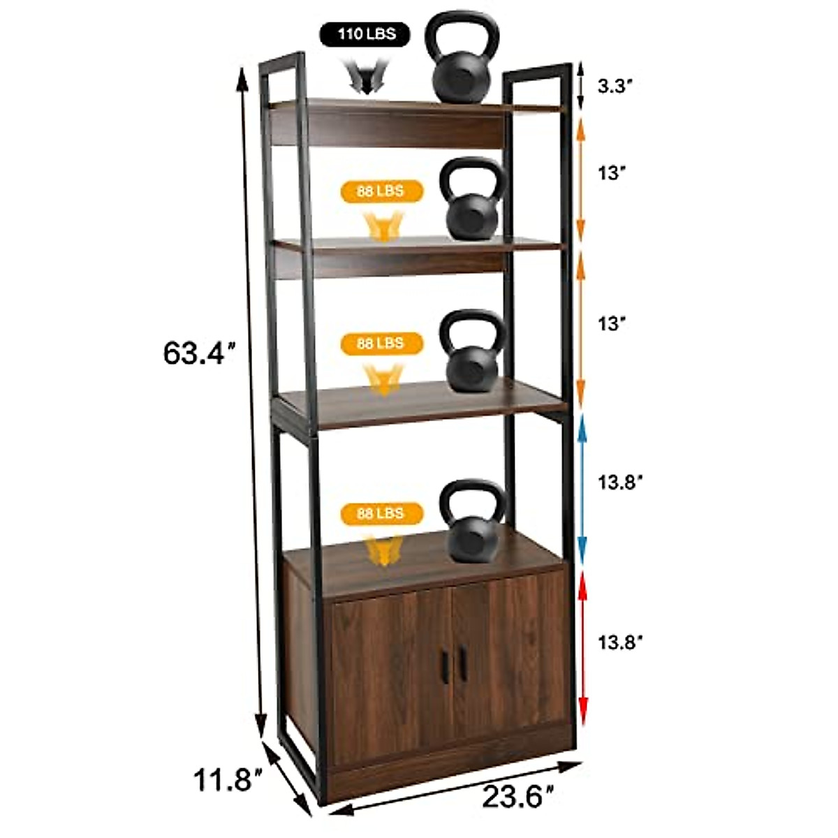 Acehome Industrial Bookshelf, 4 Tier Bookcase with 2 Doors, Storage Shelf & Standing Storage Cabinet,Bookshelf Display Shelf with Storage Cabinet, Bookshelf Rack for Home Office, Bedroom, Brown
