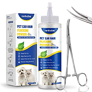 Ninibabie Updated Dog Ear Powder for Hair Removal,Ear Powder for Dogs Plucking with 5.5inch Hemostat Locking Forceps Curved, Removing Earwax and Odor