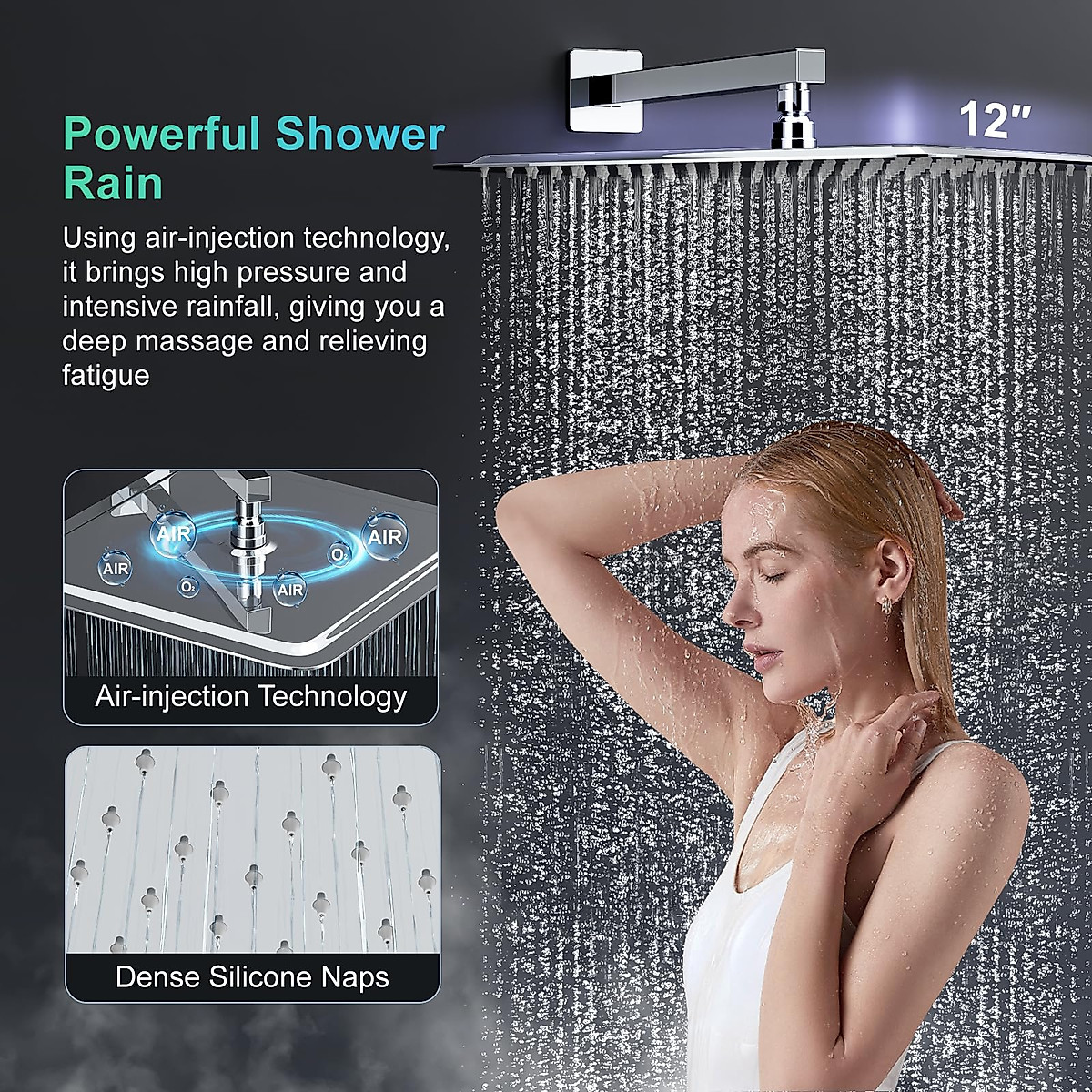 SR SUN RISE 12 Inch Slide Bar Shower System, Square Rain Shower Head and Handheld Spray, Wall Mounted Shower Faucets Sets Complete Included Valve and Shower Trim Kit, Polished Chrome