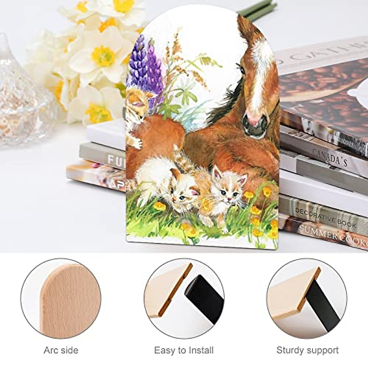 Pack of 2 Bookend White Horse Cat Non-Slip Book Stand Wooden Bookshelf Books Holder for Home Desk Office Library