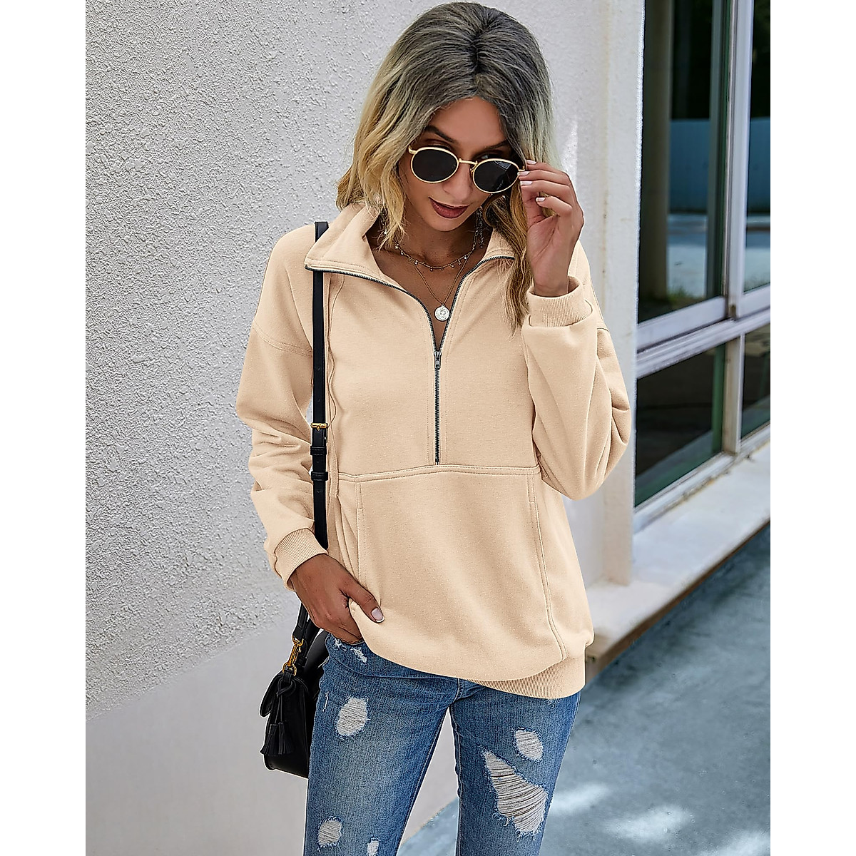 PRETTYGARDEN Women's Casual Long Sleeve Lapel Zipper Sweatshirt Drawstring Loose Pullover Tops (Apricot, Large)