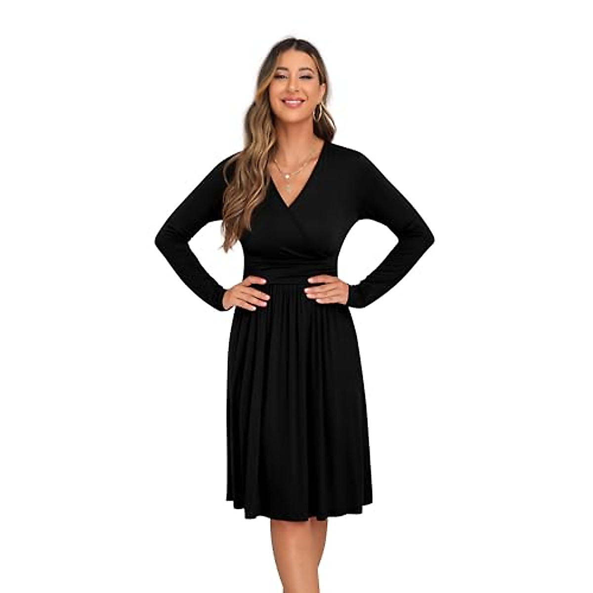 GRECERELLE Long Sleeve Dress for Women, Casual Fall Dress, Black Dresses, Wrap V-Neck Party Dress(Large, Black + Pockets)