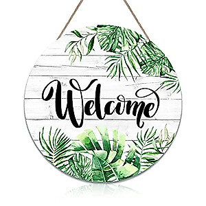 CHDITB Tropical Green Palm Leaves Welcome Sign Wall Decor(12''x12''), Botanical Plant Wooden Hanging Sign, Welcome Spring Door Sign Plaque with Palm Leaf for Home Office Farmhouse Yard Garden