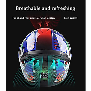 Bluetooth Motorcycle Dual Visor Helmet DOT Approved Flip Up Modular Unisex-Kids Full Face Helmet for Off-Road Motocross ATV Snowmobile Cruiser Bobber Skull Pattern Helmet-I-XX-Large