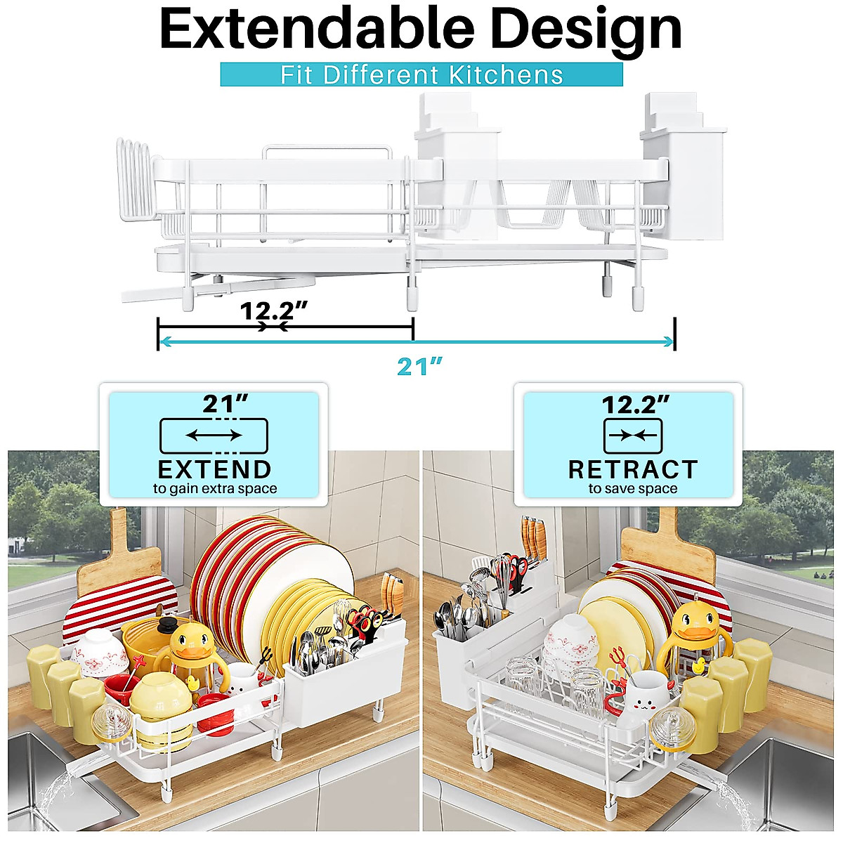 YKLSLH Expandable Dish Drying Rack Dish Racks for Kitchen Counter, Space Saving Dish Rack,Durable Kitchen Drying Rack with Drainboard, Glass Holder, Utensil Holder - White